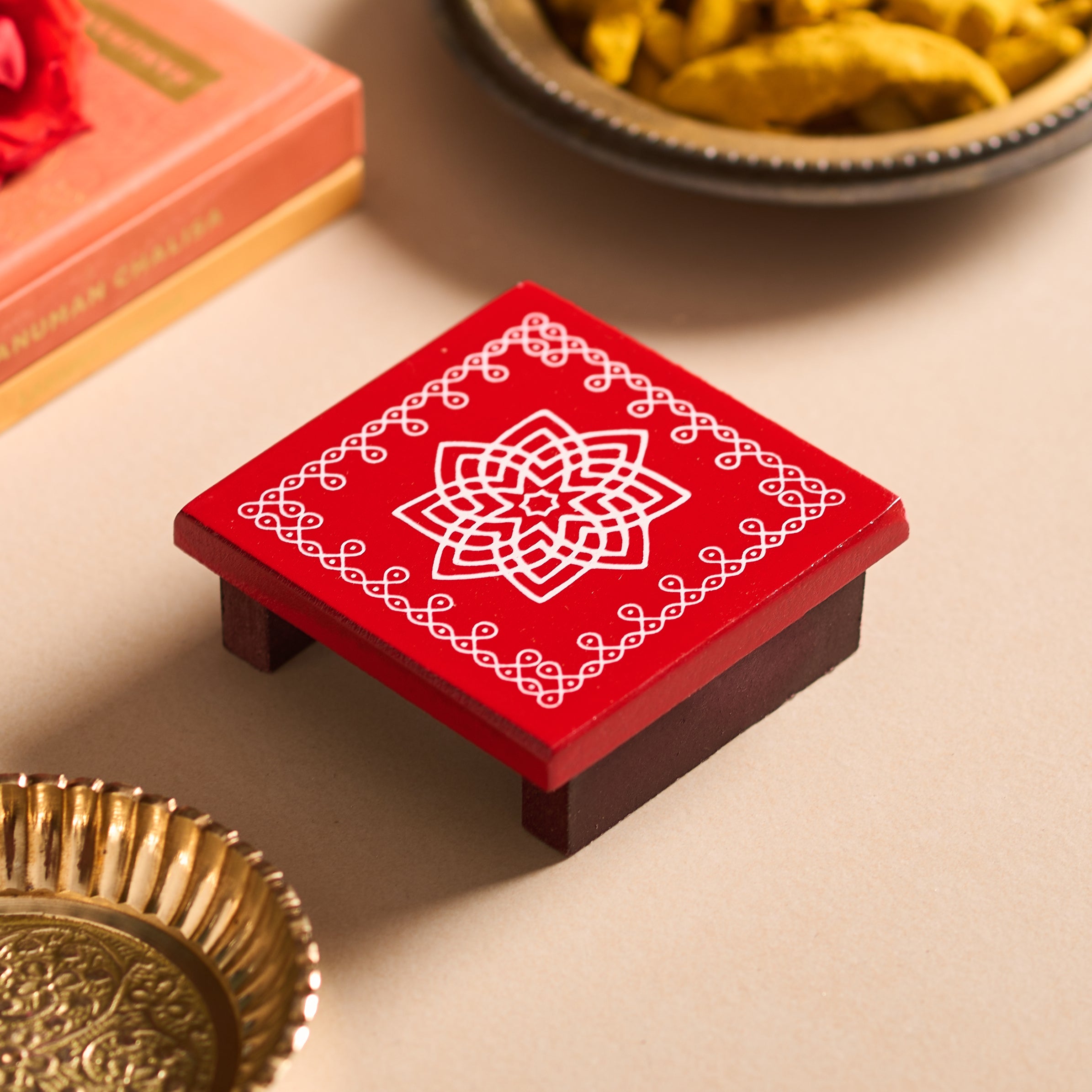 Small Red Pooja Peeta - Wooden Altar Chowki for Idols – Svasti Store